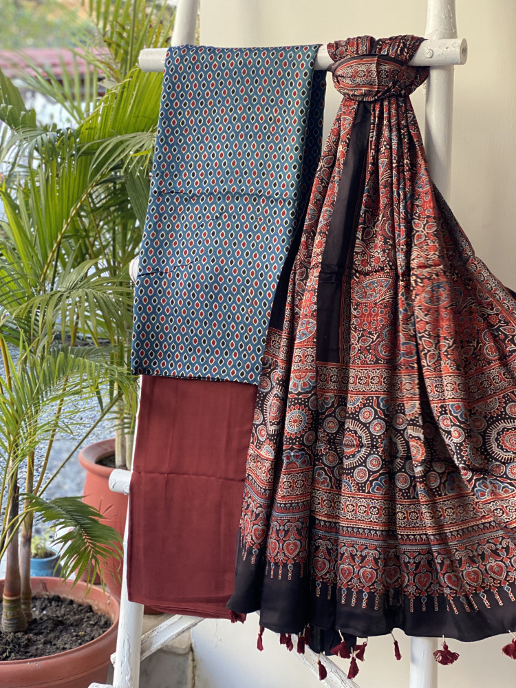 INDIGO-MAROON AJRAKH BLOCK PRINT modal silk dupatta SET