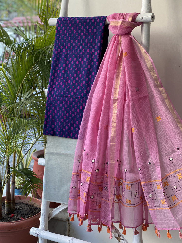 PURPLE & PINK COTTON BLOCK PRINT KOTA HAND EMBROIDERED DUPATTA SET