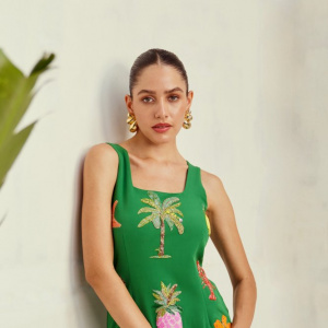 MALIBU-02 GREEN COLOR COCKTAIL DRESS WITH TROPICAL MOTIFS HAND EMBROIDERY