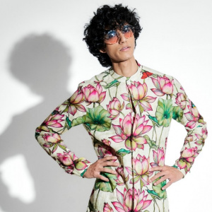 Netra Lotus Printed Linen Shirt by Mr. Ajay Kumar | Shop Taamare Linen ...