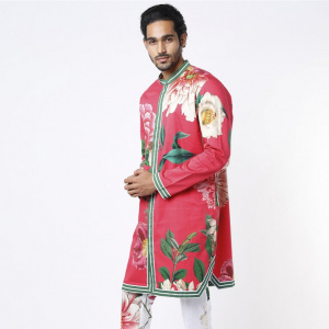 Gulzar Red Hem Striper Style Long Kurta by Mr. Ajay Kumar