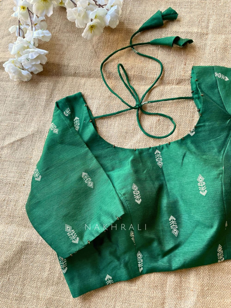Miwa Green Silk Blouse with Ikat Butti