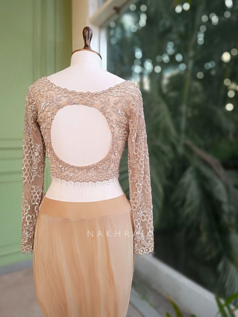 Taupe Allure Brown Drape Saree with Sequin Cut Dana Blouse