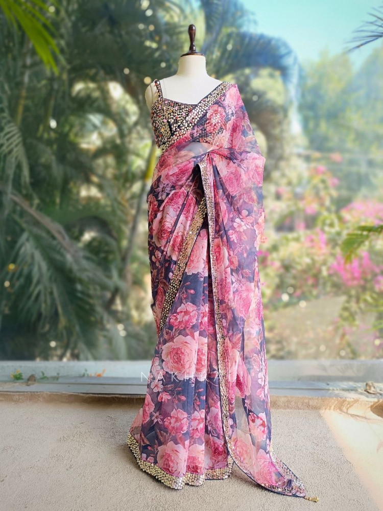 Virel Purple Saree with Floral Print and Sequin Blouse