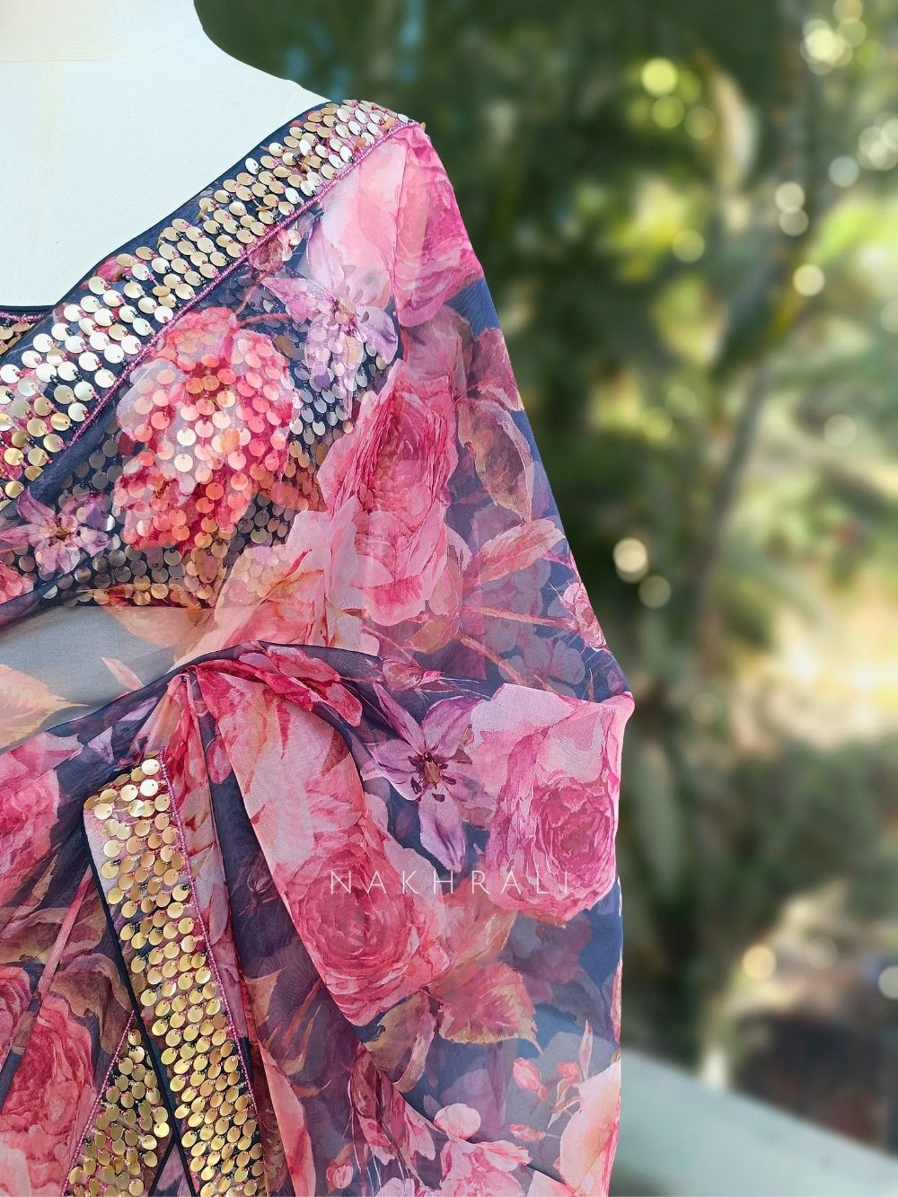 Virel Purple Saree with Floral Print and Sequin Blouse