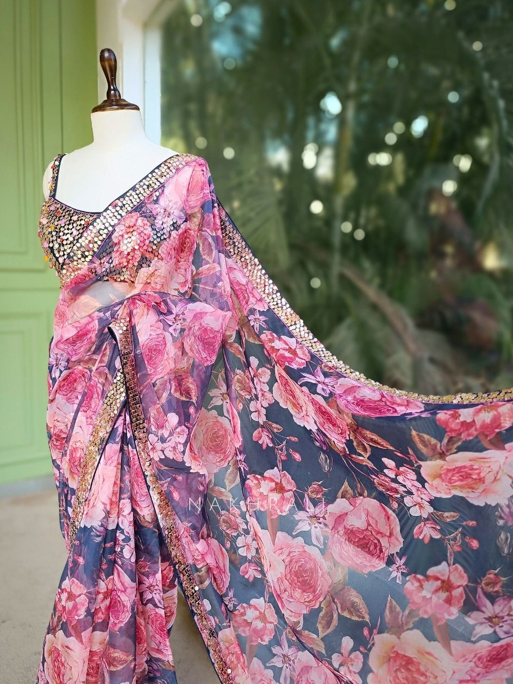 Virel Purple Saree with Floral Print and Sequin Blouse