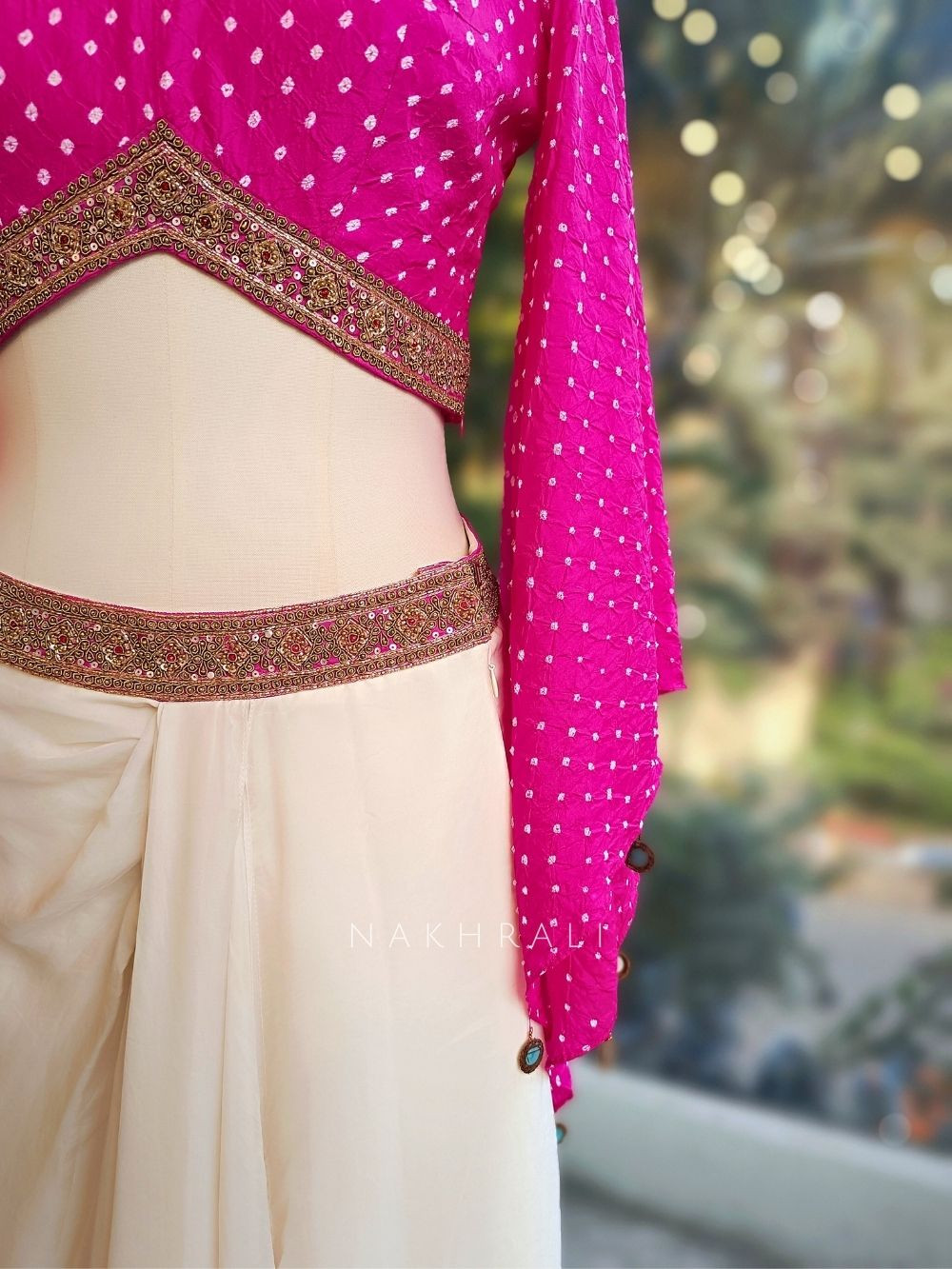 Verin Pink Ivory Crop Top and Skirt Set with Embroidered Work