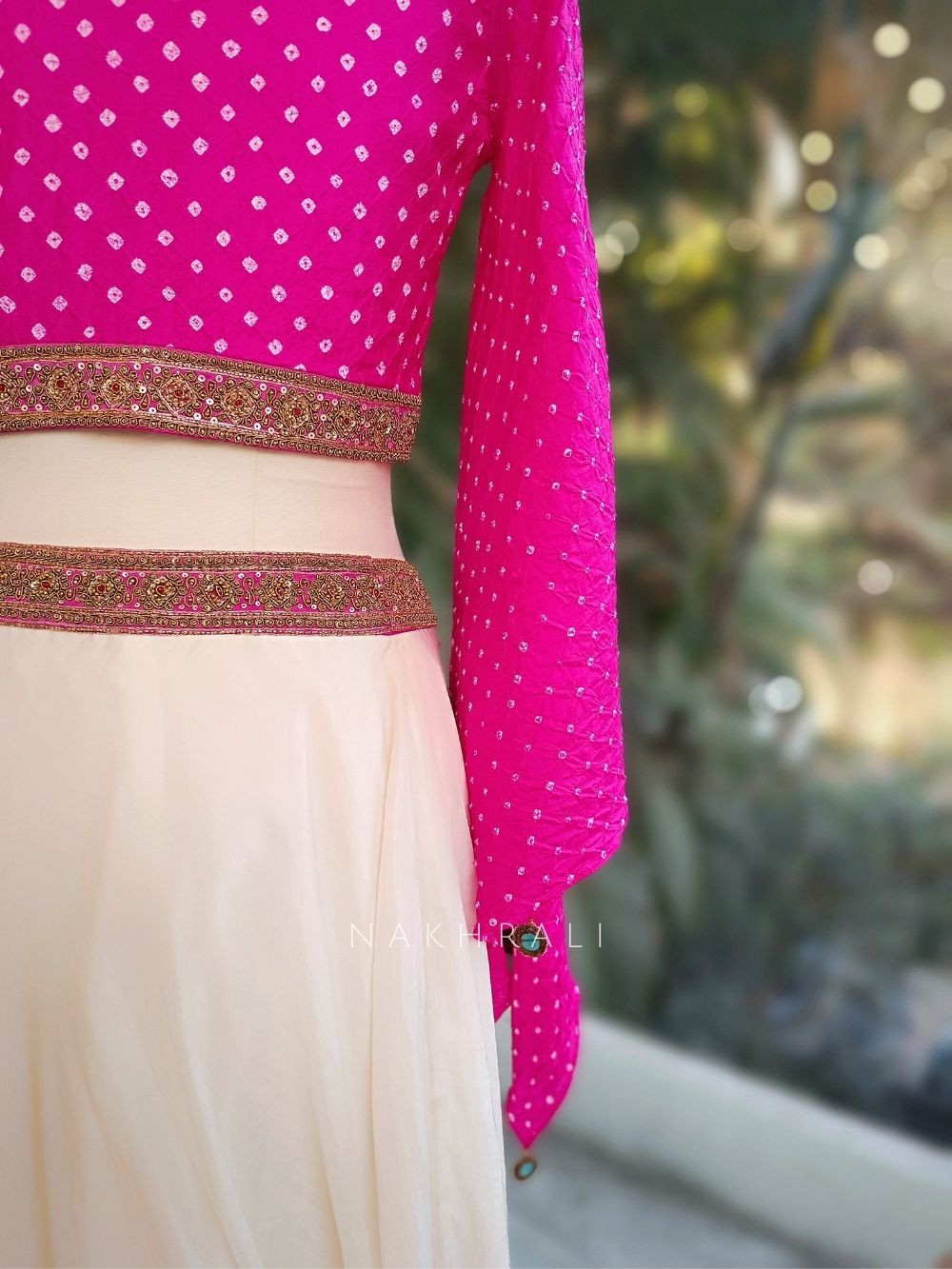 Verin Pink Ivory Crop Top and Skirt Set with Embroidered Work