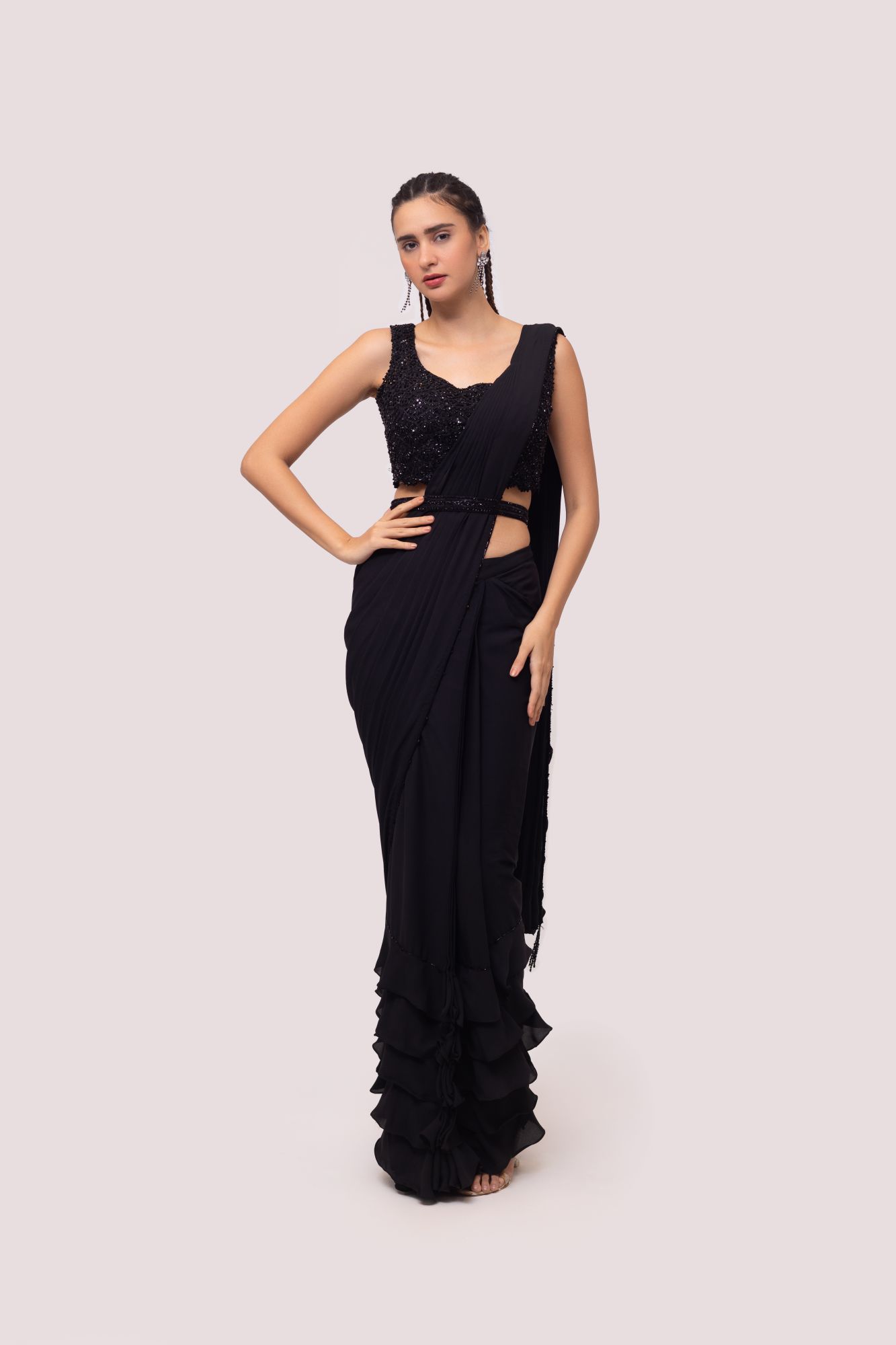 Black Georgette Drape Saree with soft ruffles