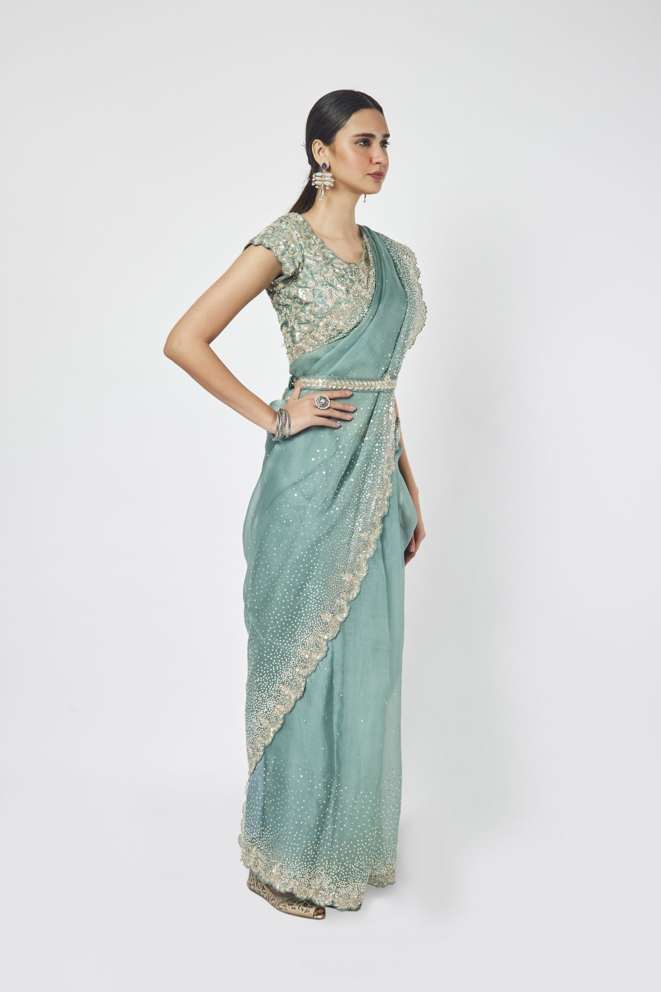 Fern Green Organza stone and cutdana work saree