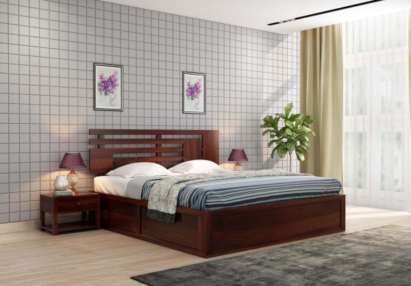 Buy Borneo Sheesham Wood Bed With Hydraulic Storage (Queen Size, Walnut ...
