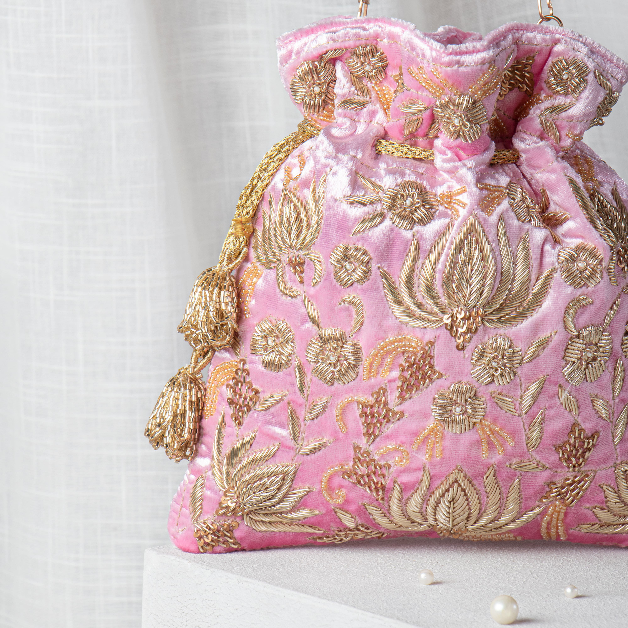 Light Pink Zardozi Embroidered Velvet LotusPotli Bag