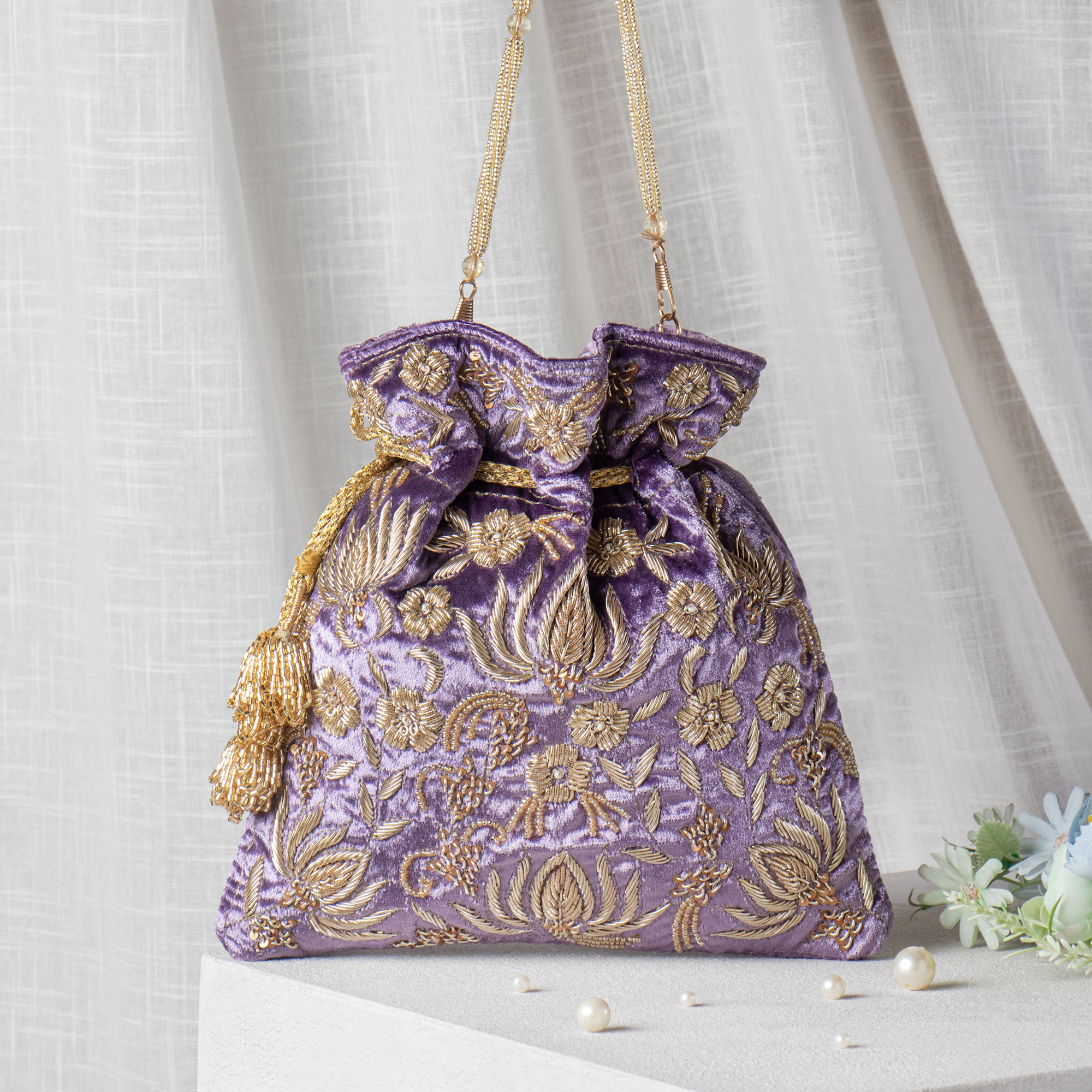 Purple Zardozi Embroidered Velvet Lotus Potli Bag