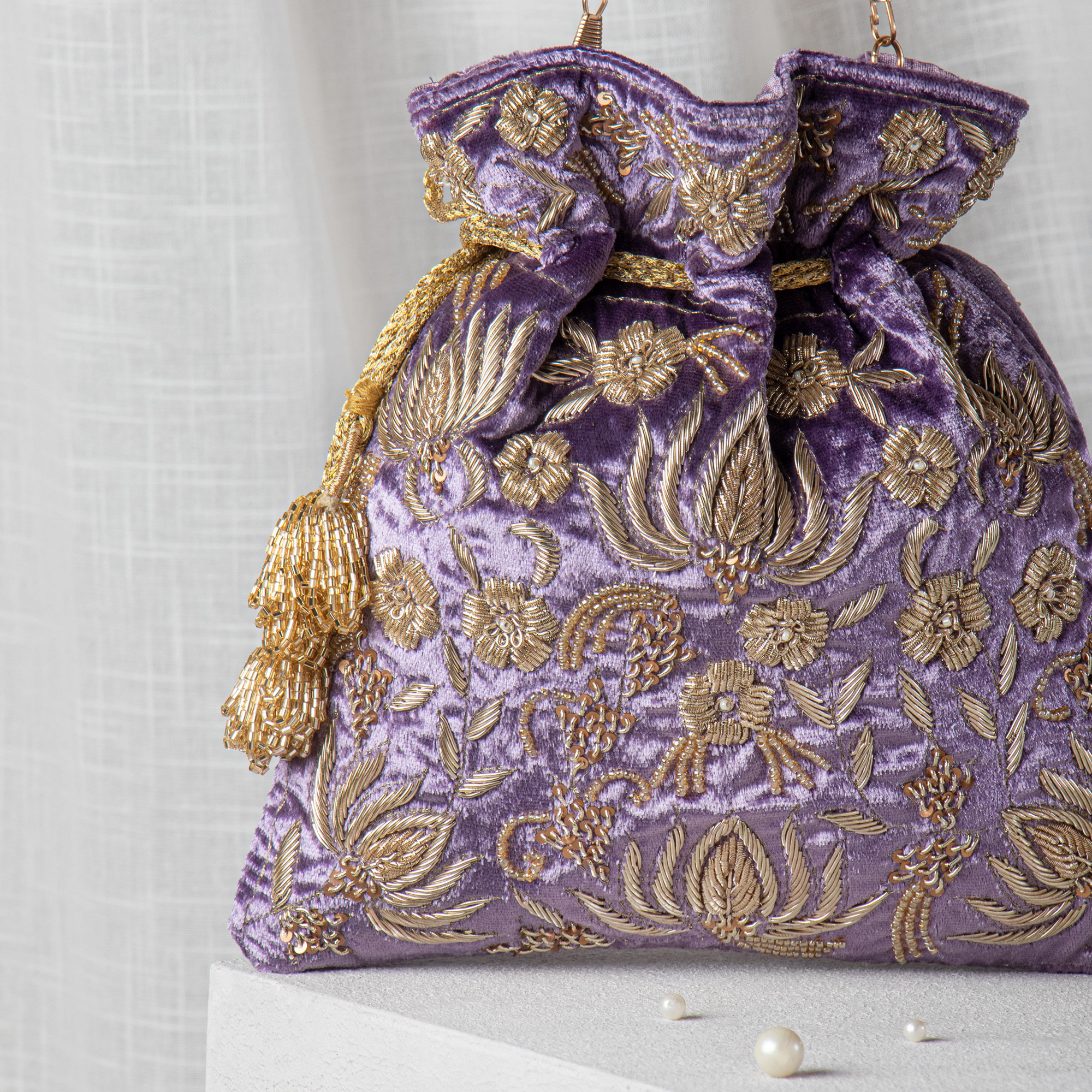 Purple Zardozi Embroidered Velvet Lotus Potli Bag