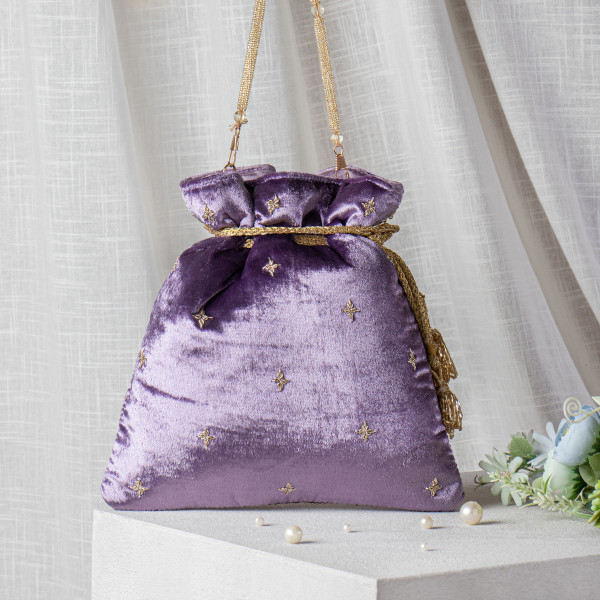 Purple Zardozi Embroidered Velvet Lotus Potli Bag