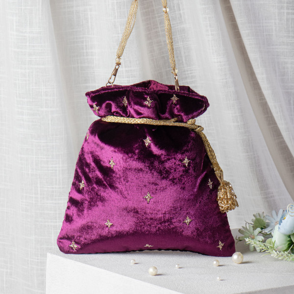 Wine Zardozi Embroidered Velvet Lotus Potli Bag