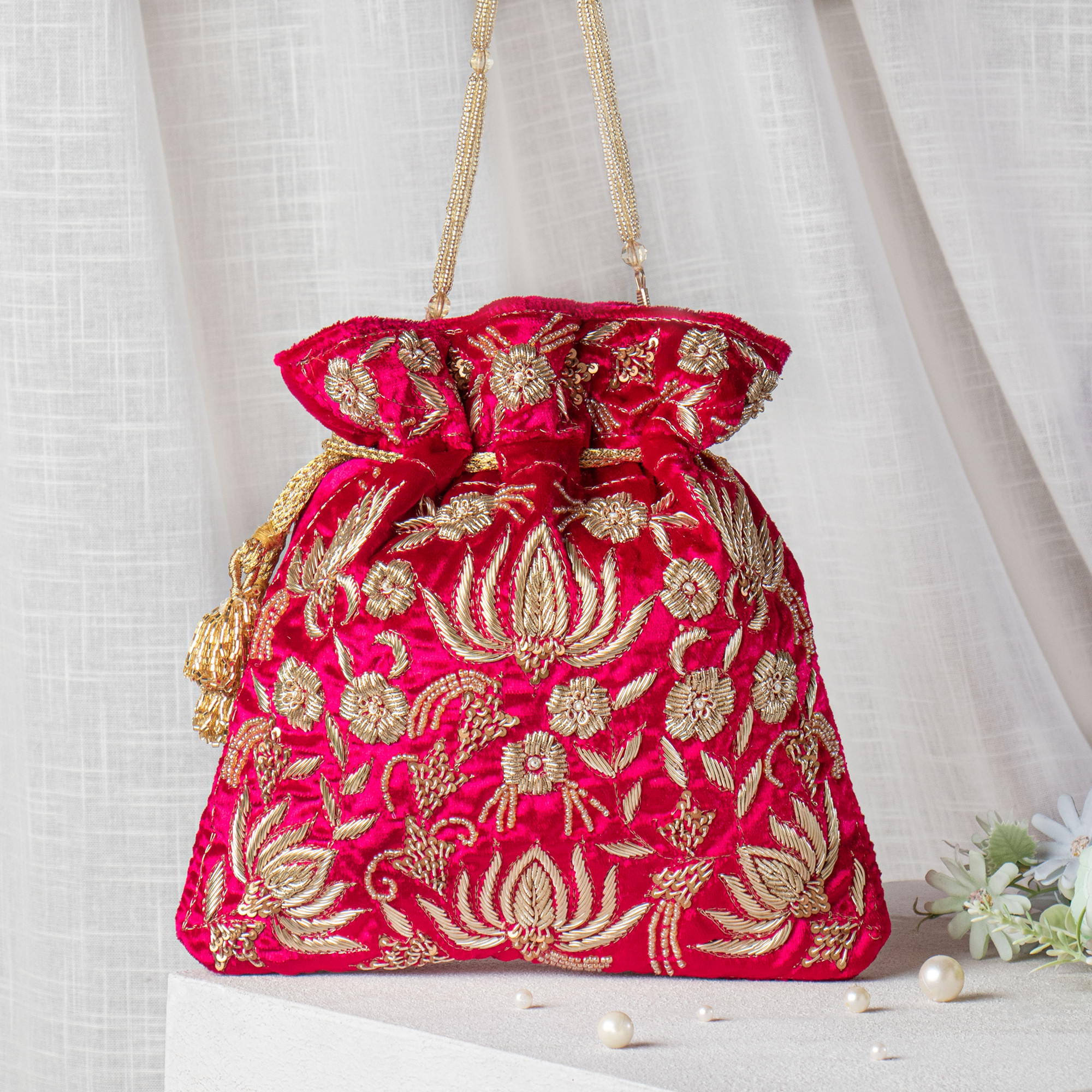 Cherry Pink Zardozi Embroidered Velvet Lotus Potli Bag