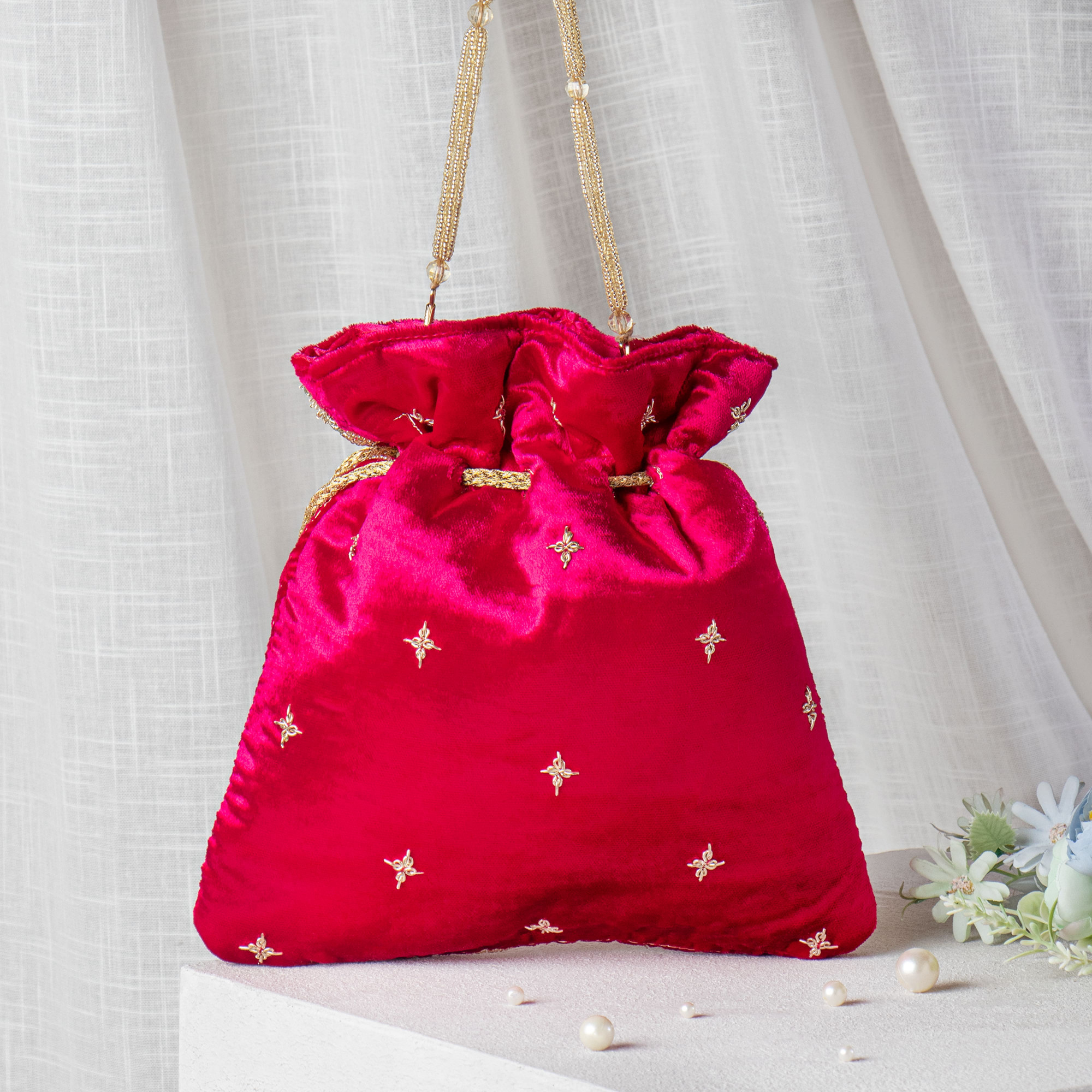 Cherry Pink Zardozi Embroidered Velvet Lotus Potli Bag